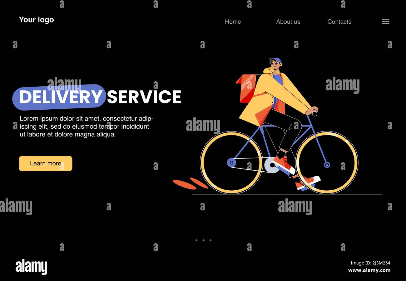 Delivery service cartoon landing page, man on bicycle deliver goods ...