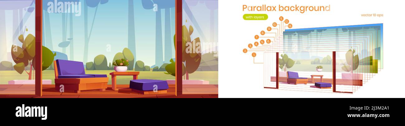 House terrace with table, couch and view to garden. Vector parallax ...