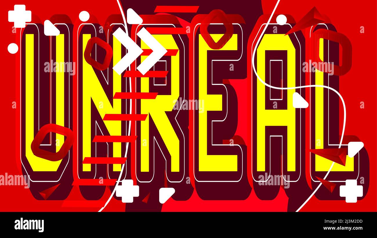 Unreal, pixaletd word with geometric graphic background. Vector cartoon ...