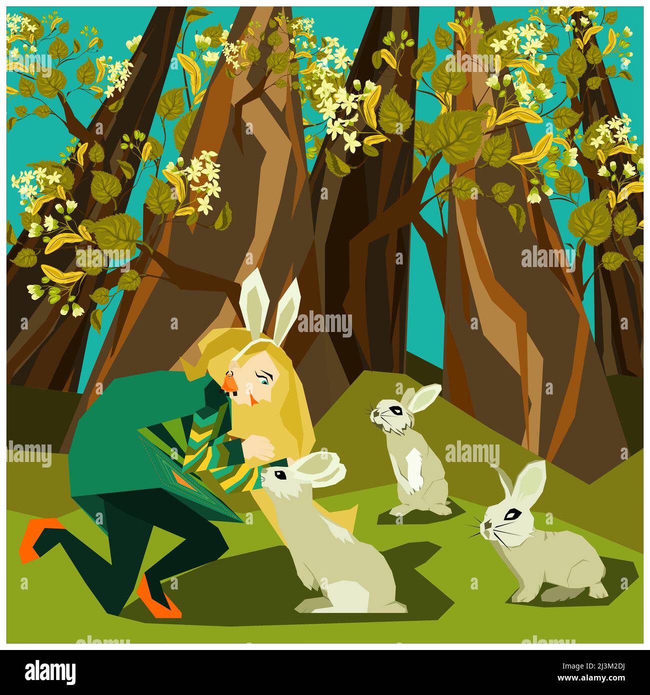 Cute cartoon boho style dressed girl in headband with bunny ears in the ...