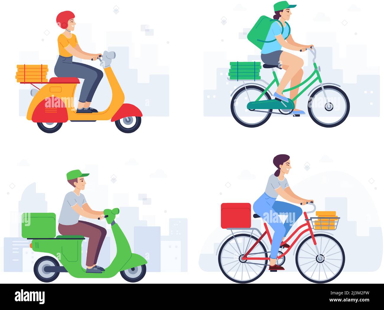 Cartoon characters delivering products on scooters and bicycles ...