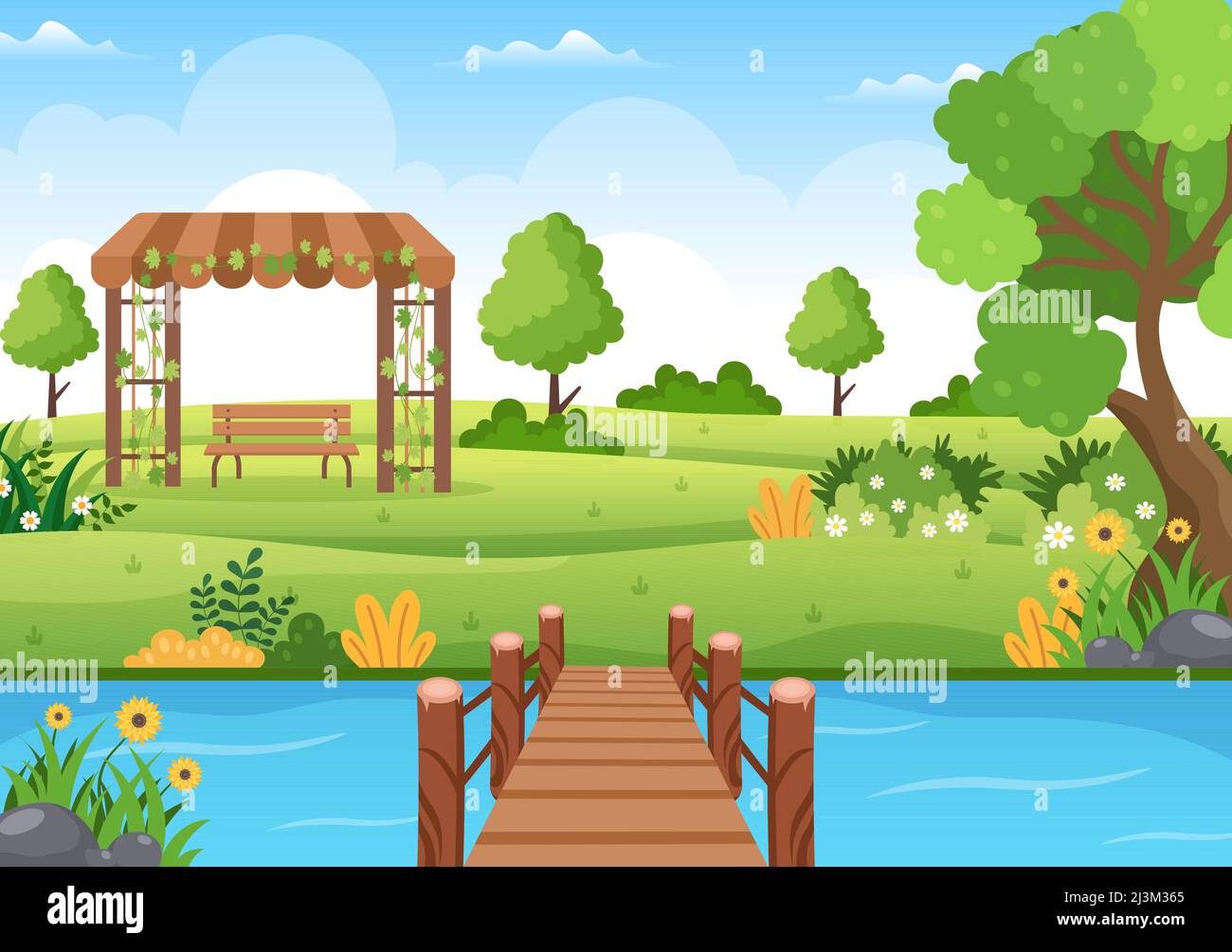 Beautiful Garden Cartoon Background Illustration With A Landscape ...