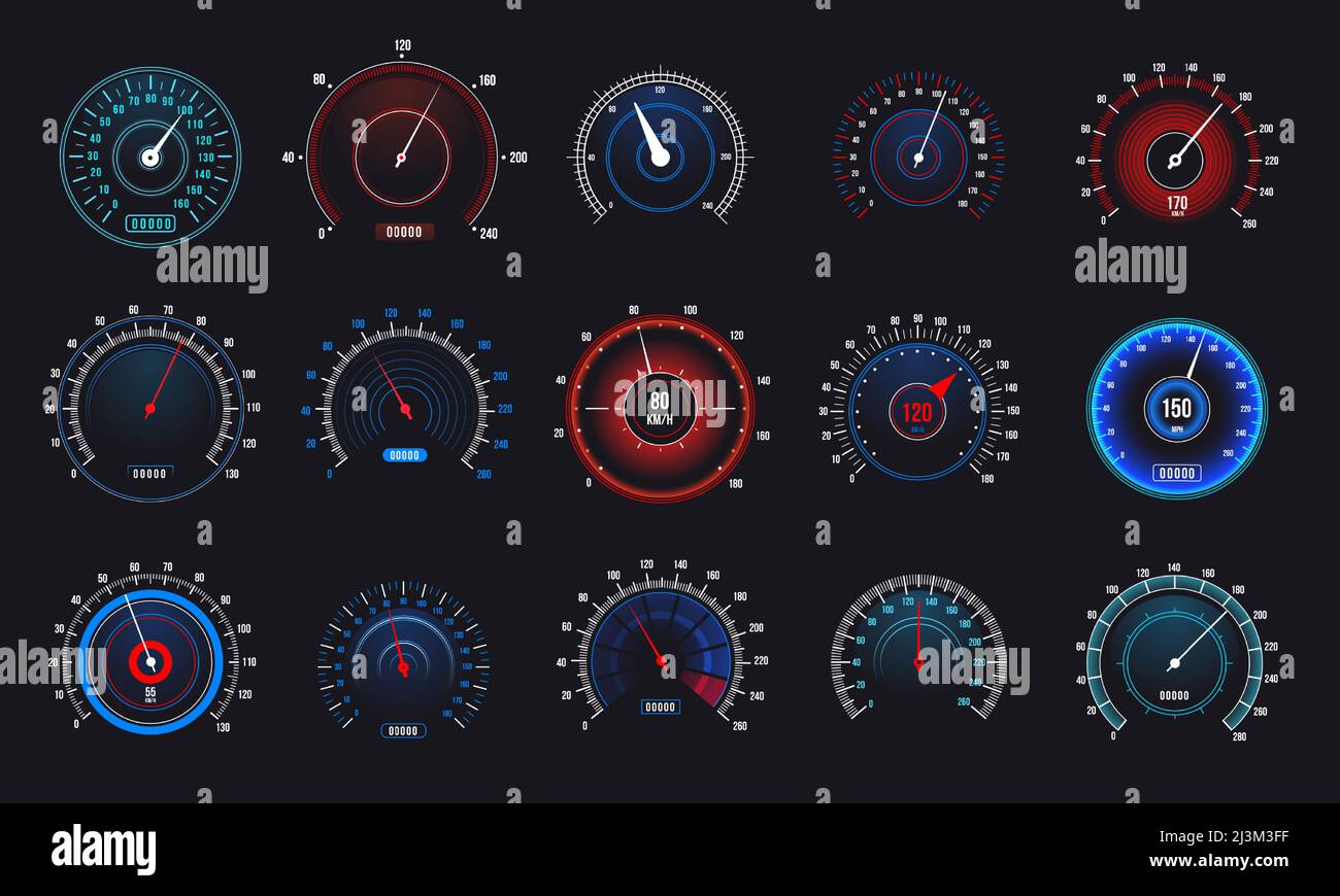 Car speedometers set. Speed measurement automobile indicator ...