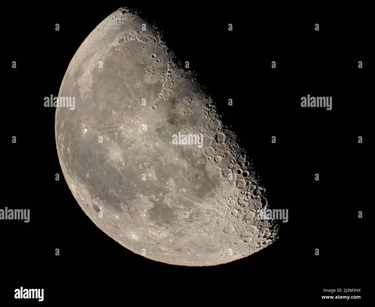 Half moon illuminated in a dark sky with details of the surface; South ...
