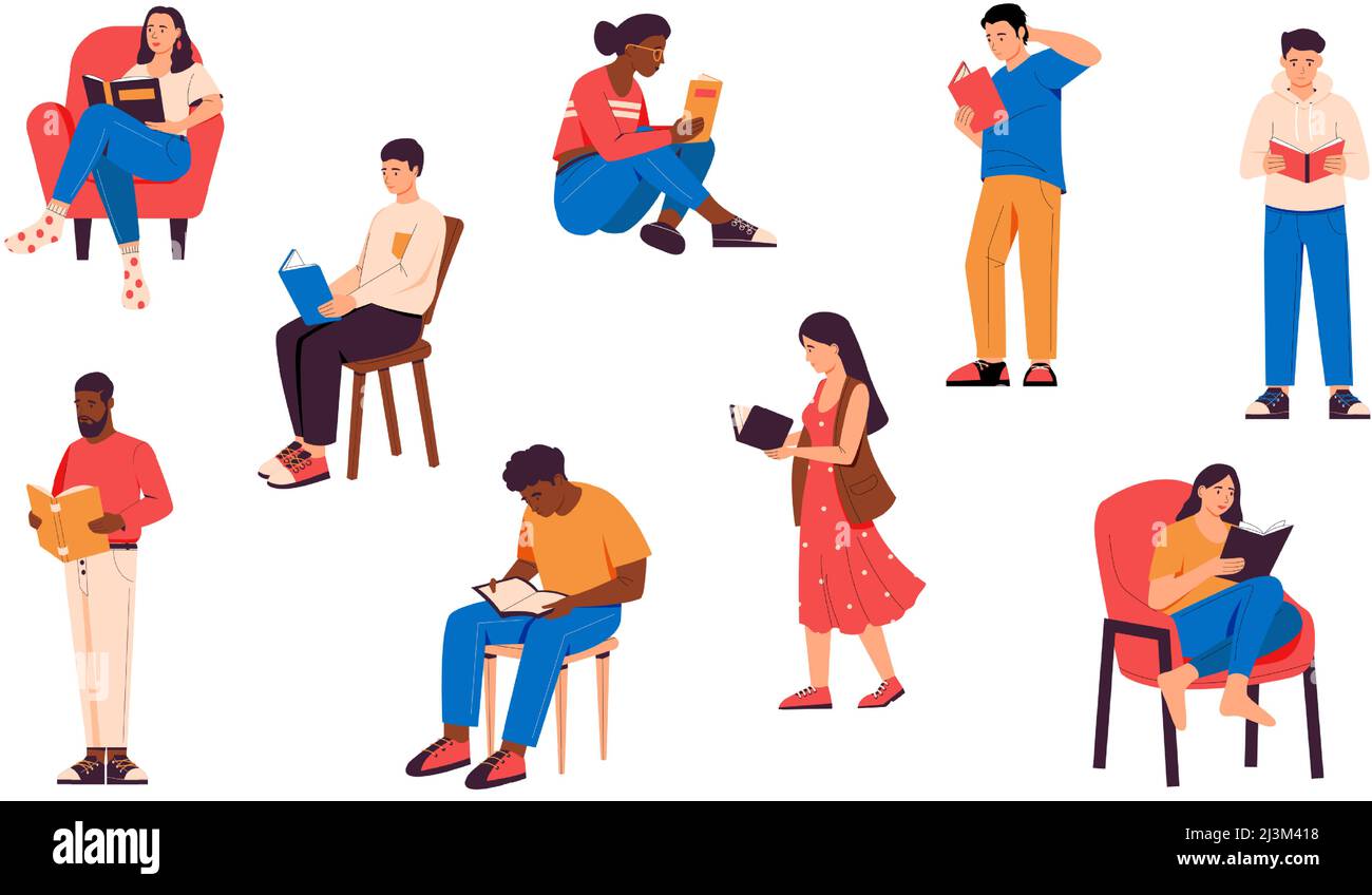 People read books. Cartoon men and women characters standing and ...