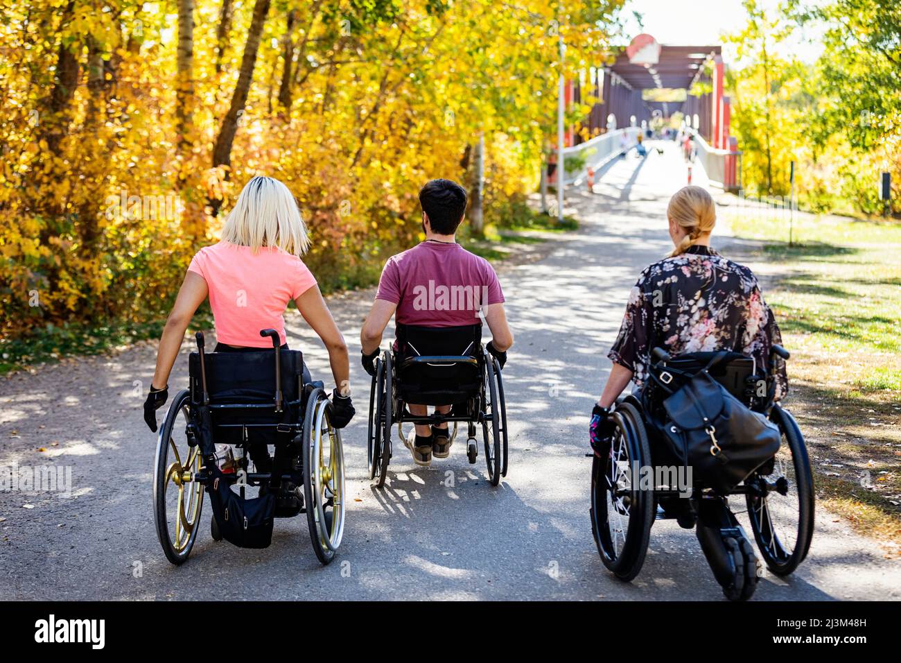 Three young paraplegic friends spending time together moving down a ...