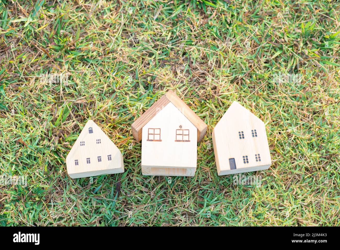 House wood model on green grass asset business concept Stock Photo - Alamy