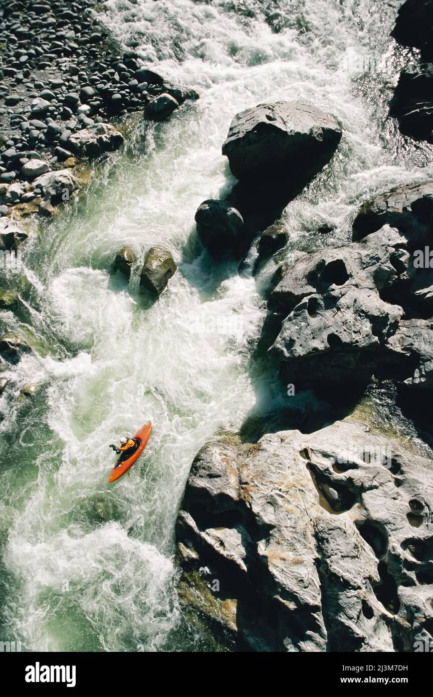 An aerial view of a kayaker on the Middle Fork of the Feather River ...