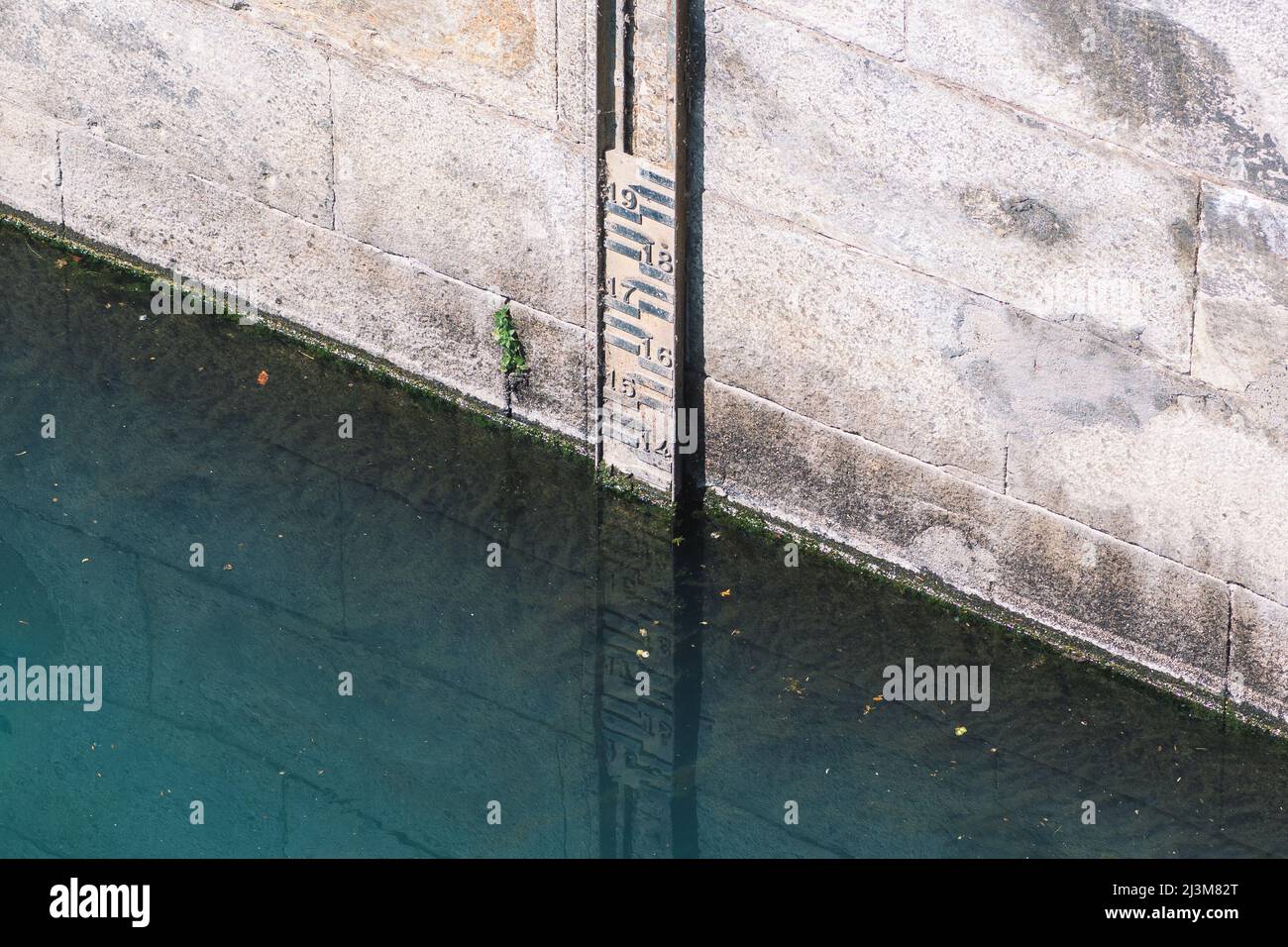 River water level meter in Torino, Italy, Po river, drought concept ...