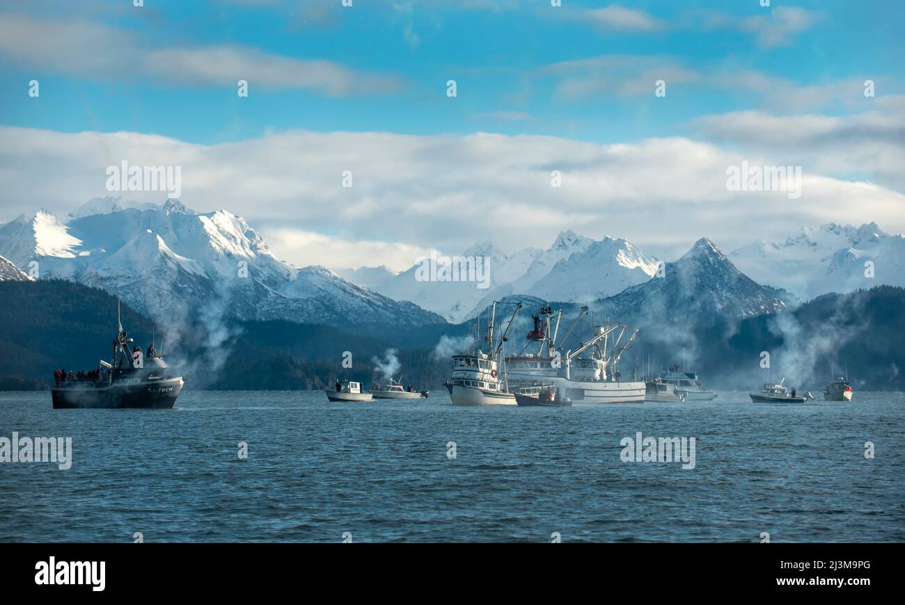 Numerous boats moored off the rugged coastline of Alaska, with snow ...