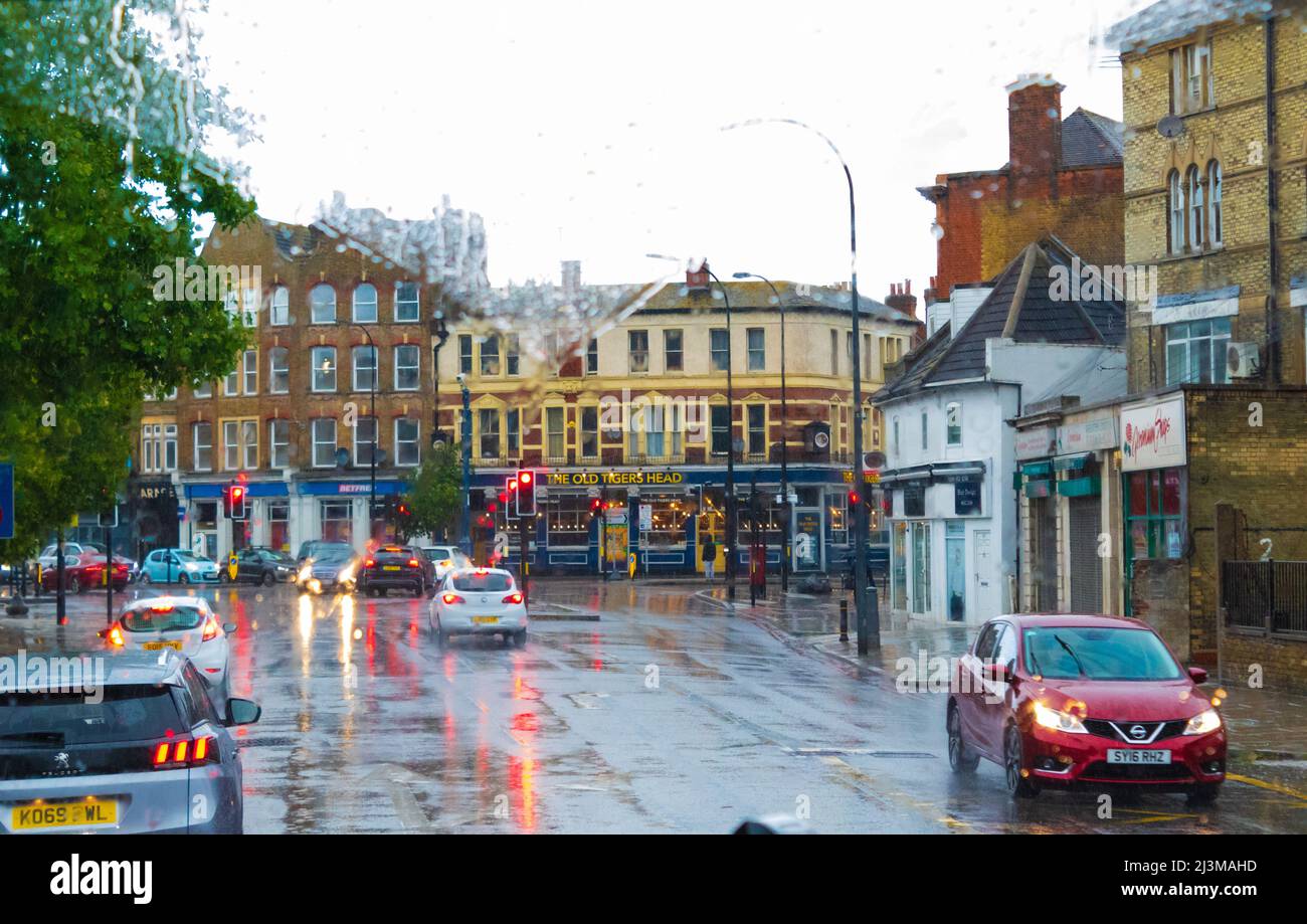 View of A2 Eltham road at rainy summer day at Lewisham. Lewisham is an ...