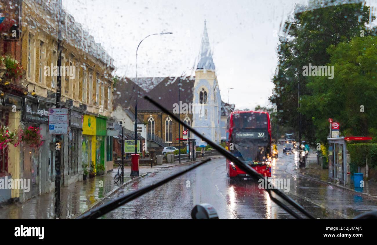 View of A20 Eltham road at rainy summer day at Lewisham. Lewisham is an ...