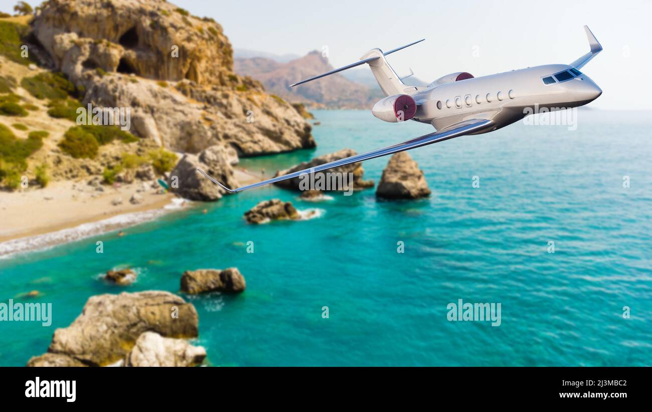 Aerial top down view of an airplane flying over blue sea as a travel ...