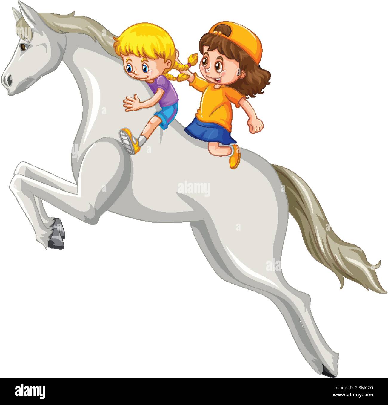 A scene of girl and friend riding on a horse on white background ...