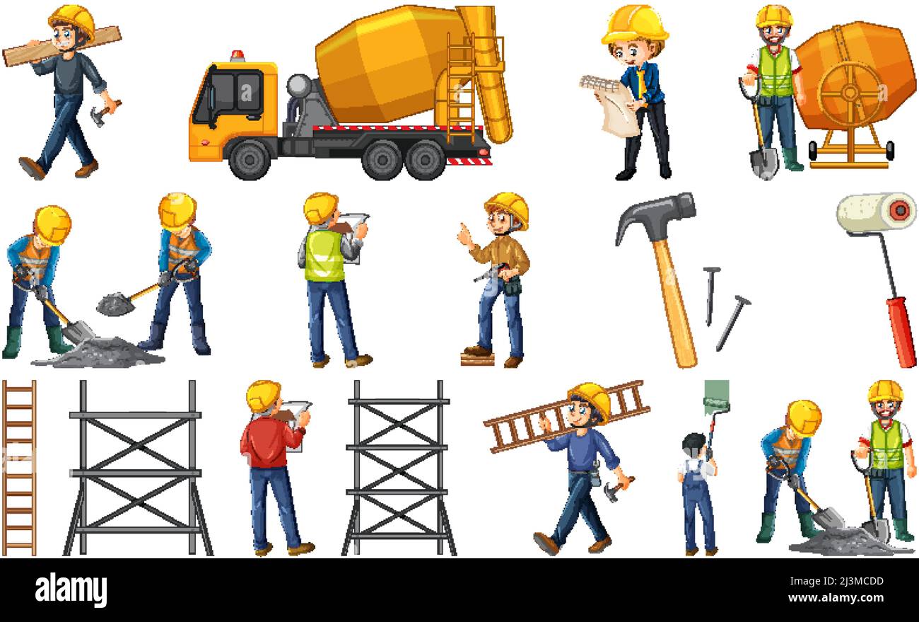 Construction worker set with people and tools illustration Stock Vector ...