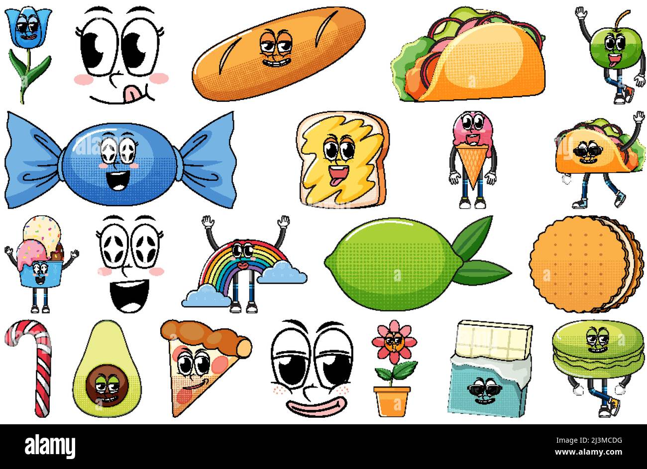 Set of facial expression with vintage style food cartoon on white ...