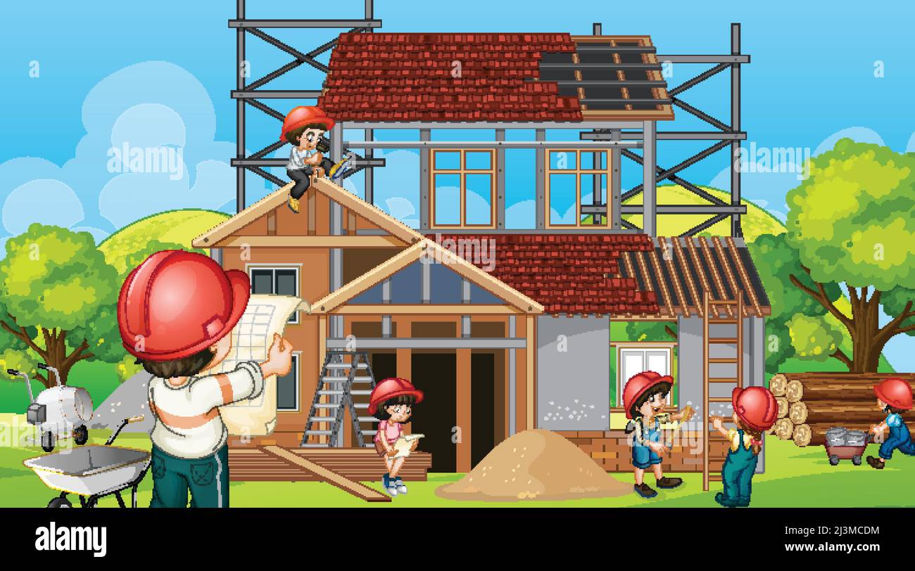 Building house construction site and workers illustration Stock Vector ...