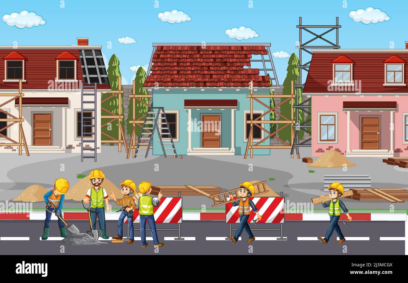 Building construction site with workers illustration Stock Vector Image ...