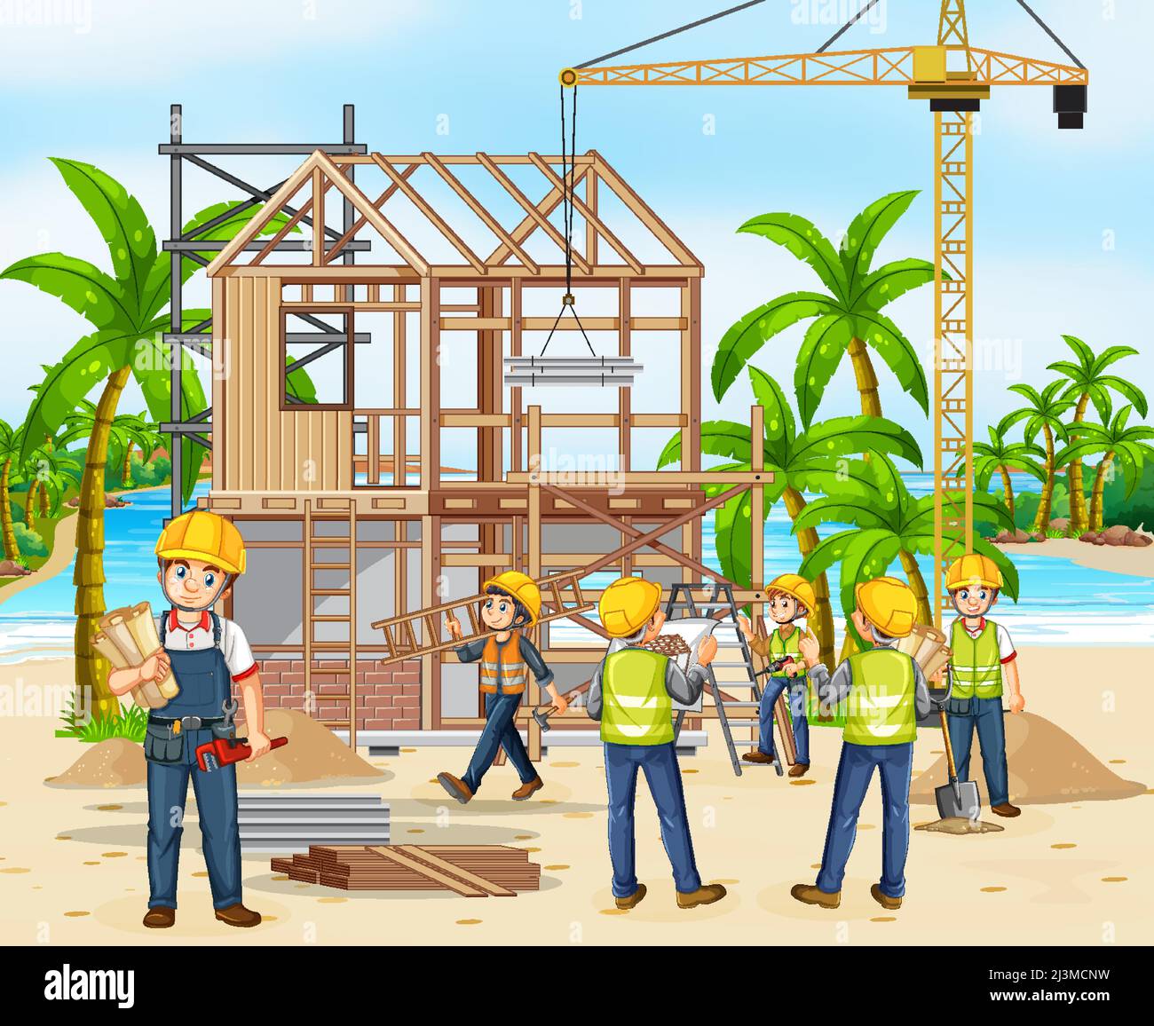Construction site with workers illustration Stock Vector Image & Art ...