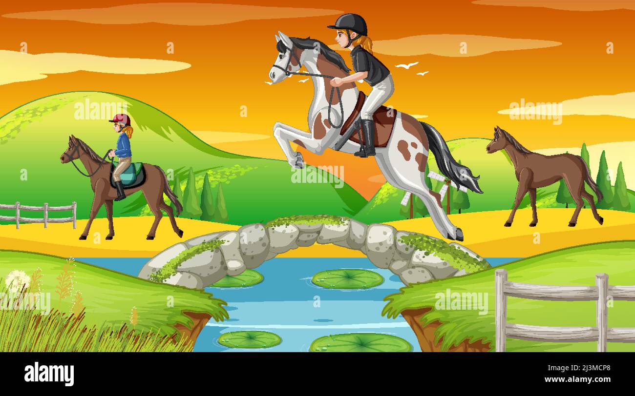 Horse riding scene with jockey and horse illustration Stock Vector ...