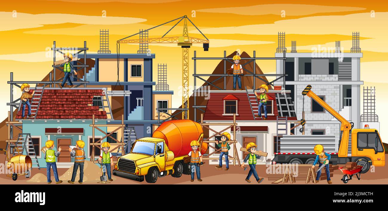 Construction site with workers illustration Stock Vector Image & Art ...