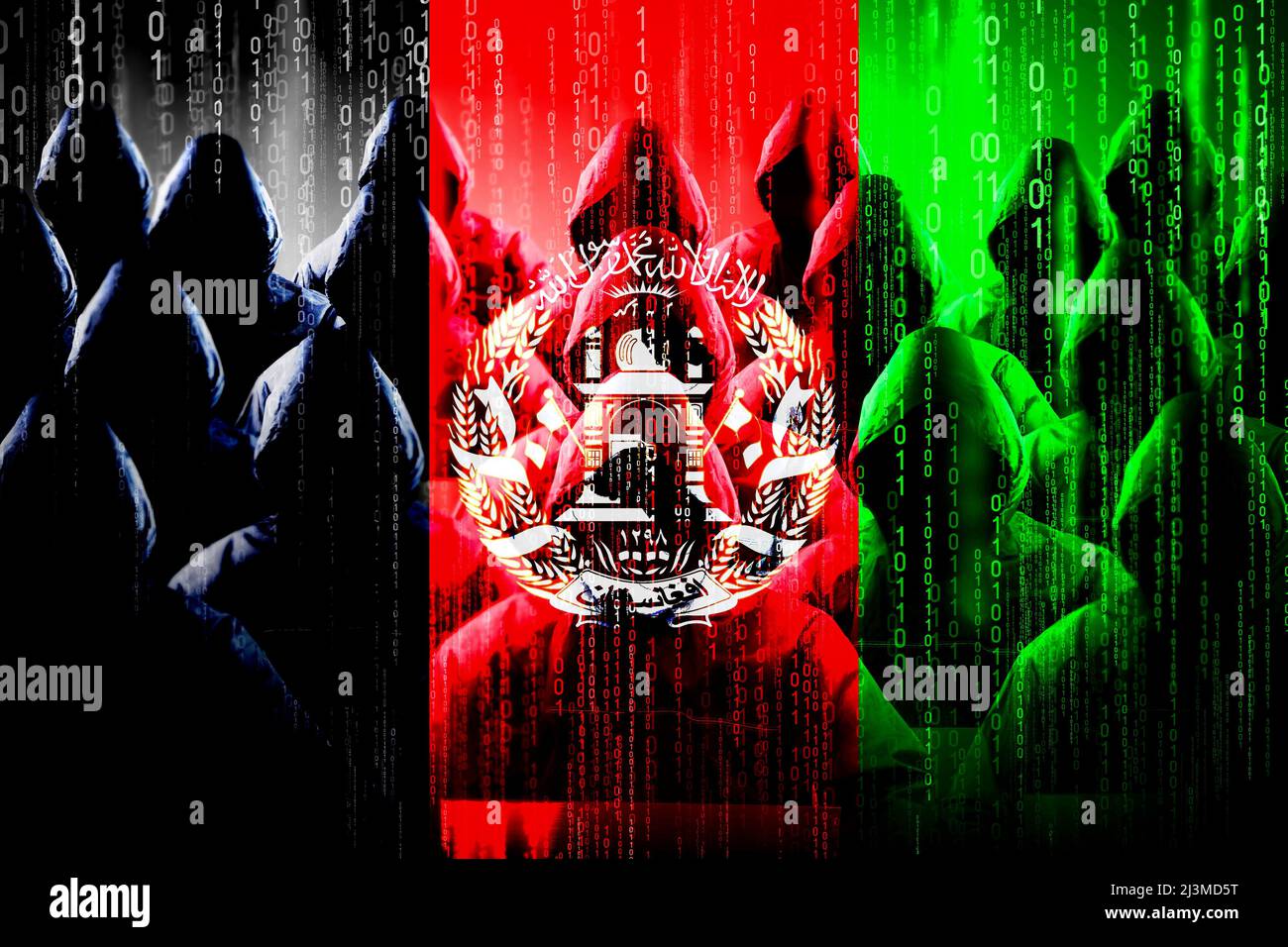 Anonymous hooded hackers, flag of Afghanistan, binary code - cyber attack concept Stock Photo ...