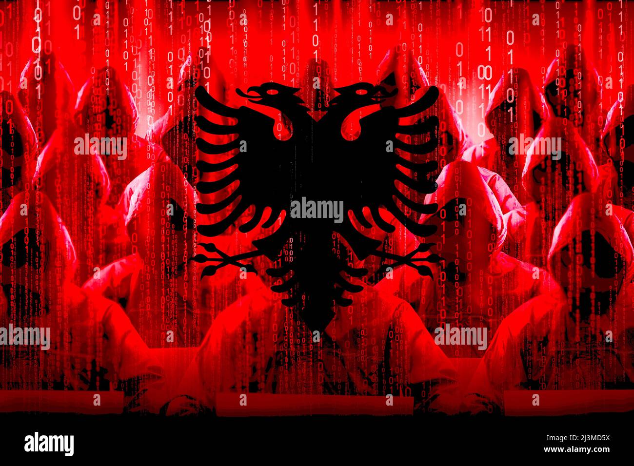 Anonymous hooded hackers, flag of Albania, binary code - cyber attack ...