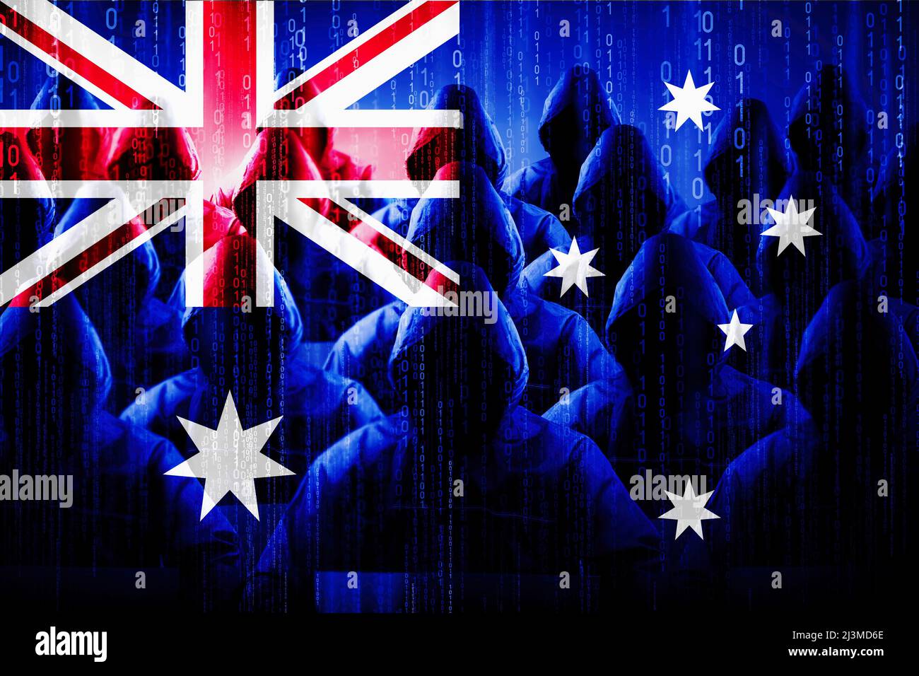 Anonymous hooded hackers, flag of Australia, binary code - cyber attack ...