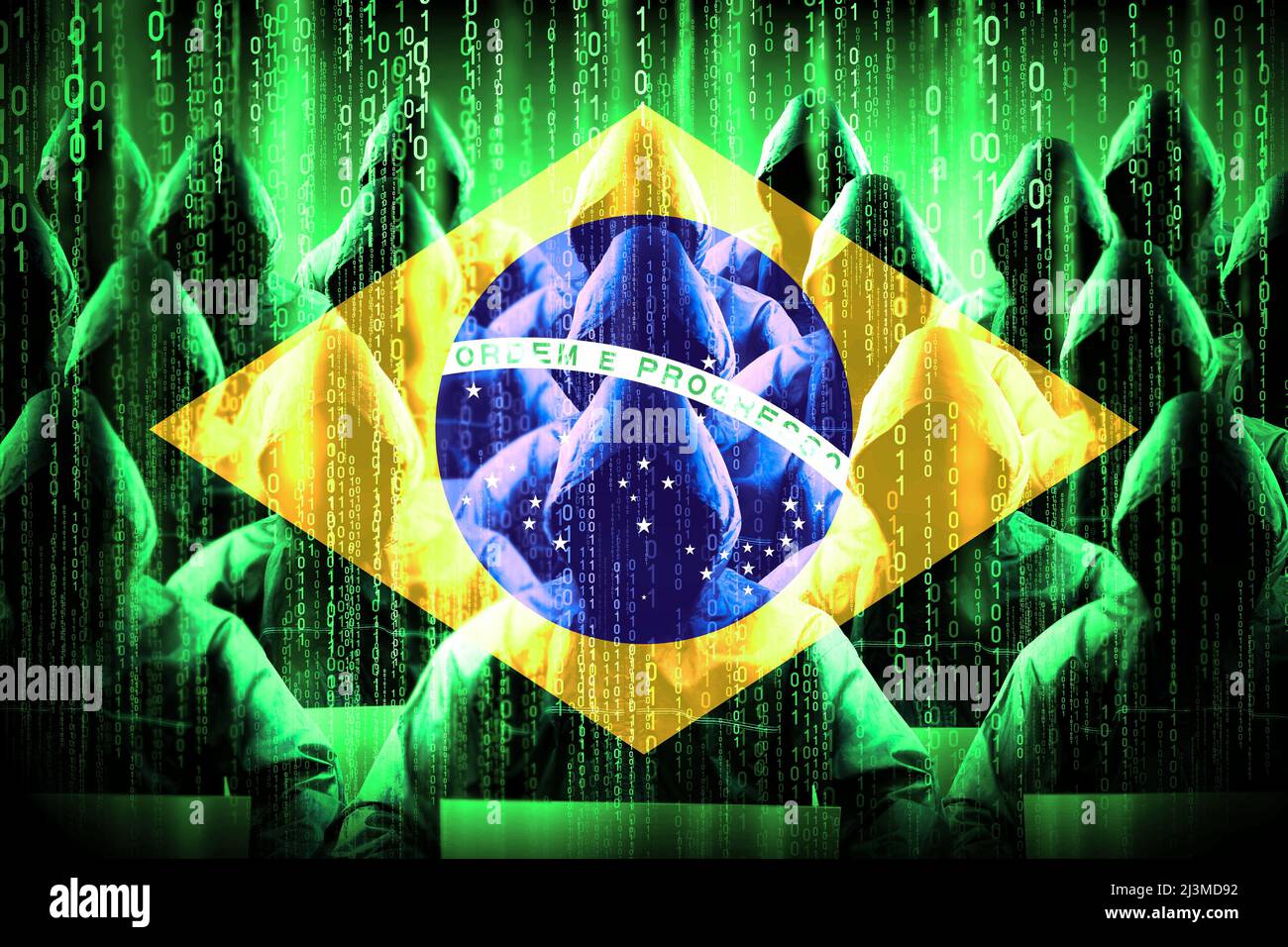 Anonymous hooded hackers, flag of Brazil, binary code - cyber attack ...