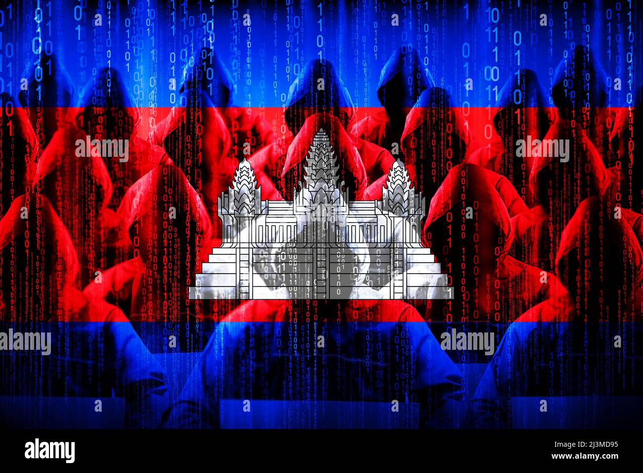Anonymous hooded hackers, flag of Cambodia, binary code - cyber attack ...