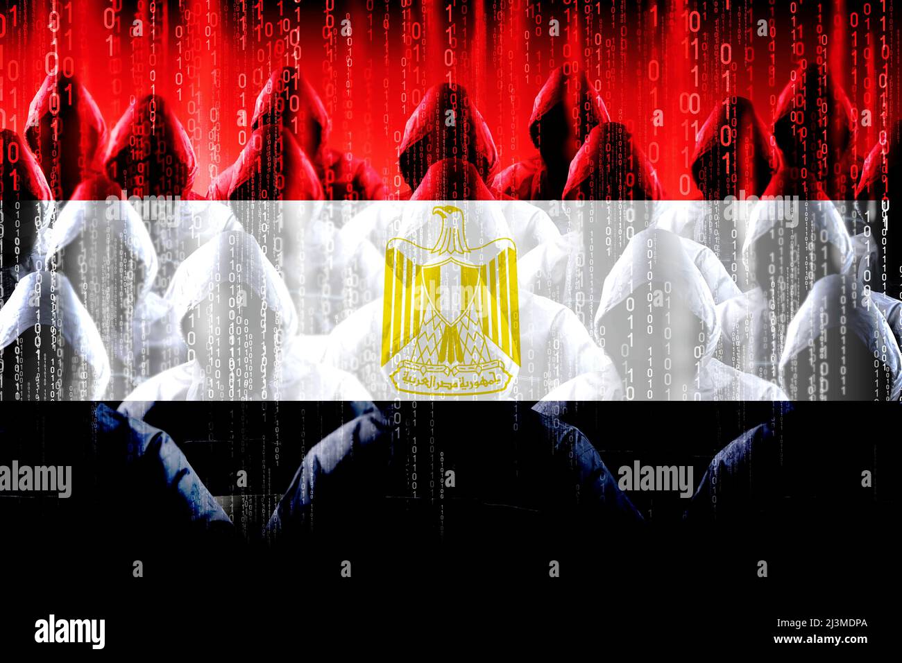 Anonymous hooded hackers, flag of Egypt, binary code - cyber attack ...
