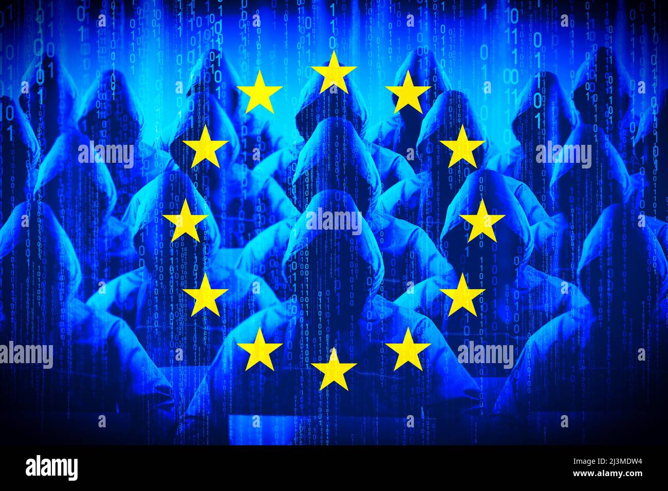 Anonymous hooded hackers, flag of European Union, binary code - cyber ...