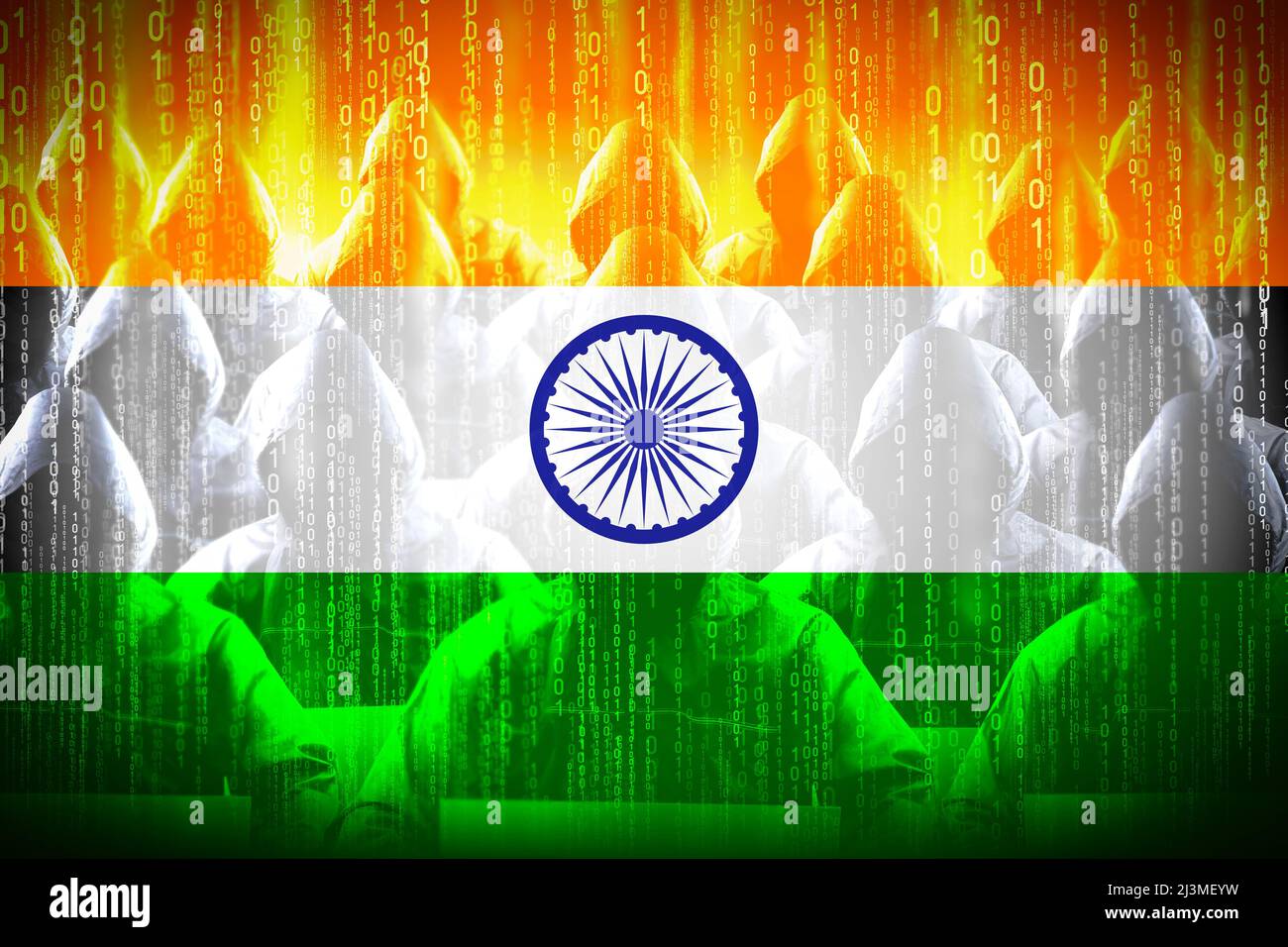 Anonymous hooded hackers, flag of India binary code - cyber attack ...