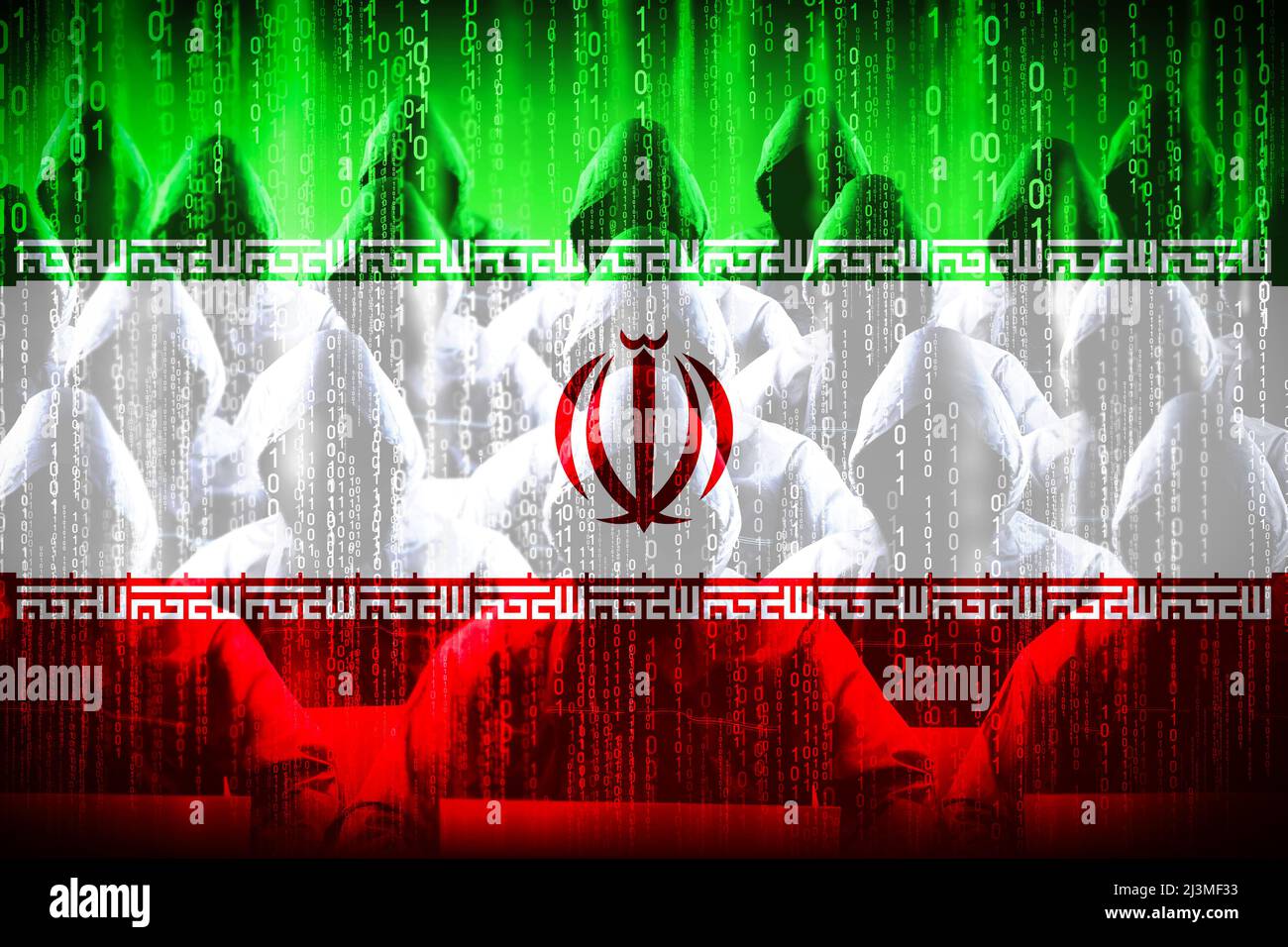 Anonymous hooded hackers, flag of Iran, binary code - cyber attack concept Stock Photo - Alamy