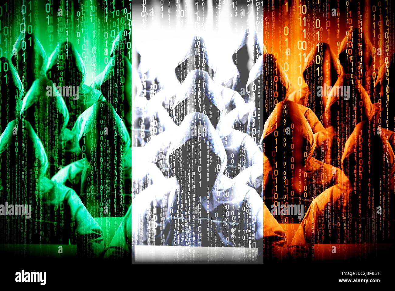 Anonymous hooded hackers, flag of Ireland, binary code - cyber attack concept Stock Photo - Alamy