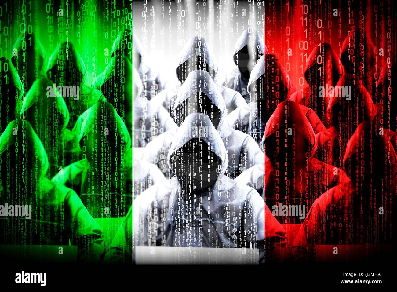 Anonymous hooded hackers, flag of Italy, binary code - cyber attack concept Stock Photo - Alamy