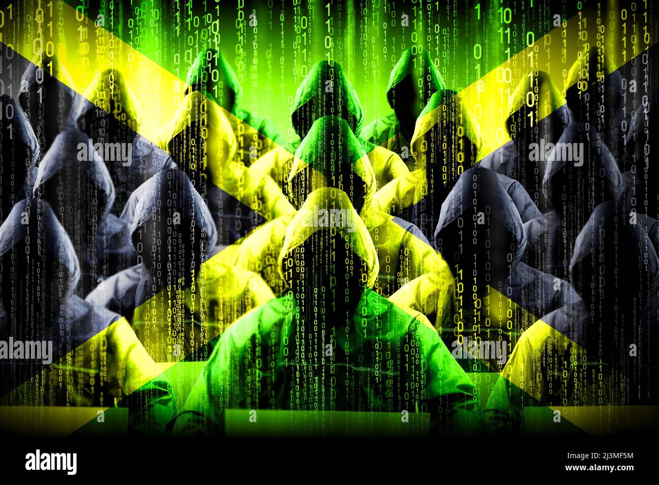 Anonymous hooded hackers, flag of Jamaica, binary code - cyber attack ... Anonymous hooded hackers, flag of Jamaica, binary code - cyber attack ...