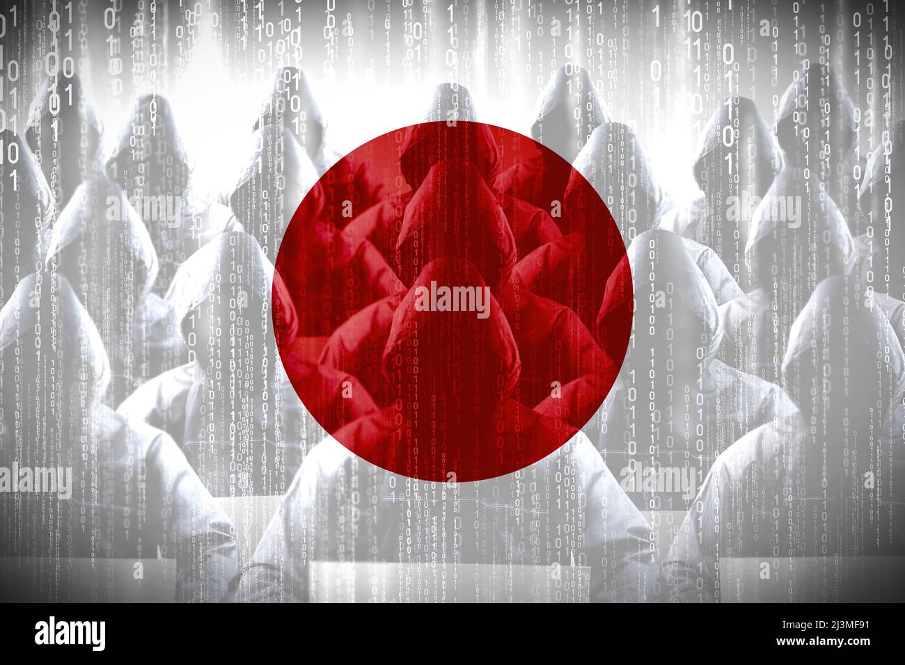 Anonymous hooded hackers, flag of Japan, binary code - cyber attack ...