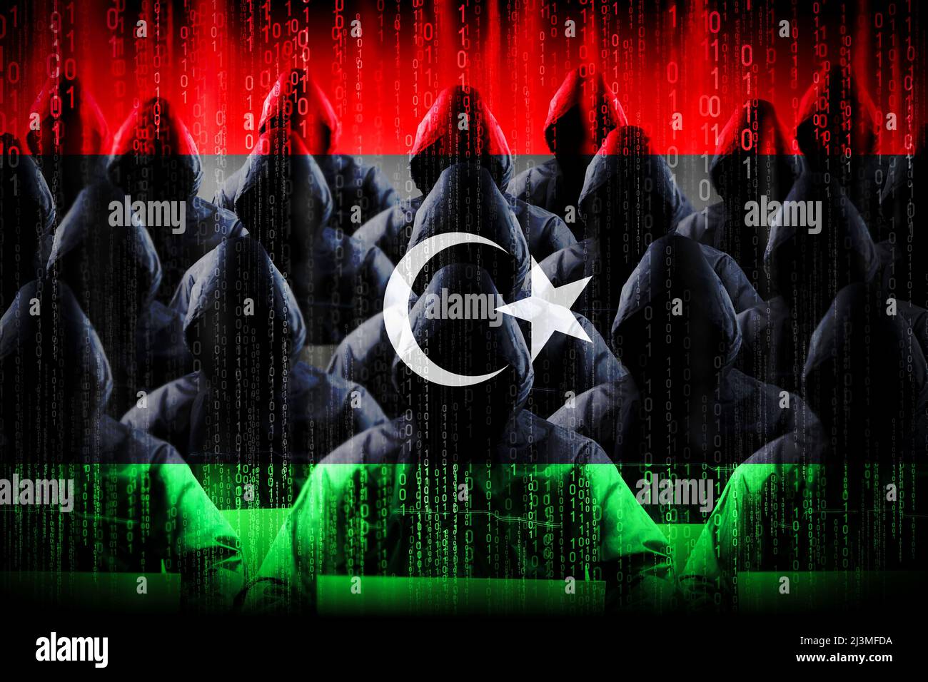 Anonymous hooded hackers, flag of Libya, binary code - cyber attack concept Stock Photo - Alamy