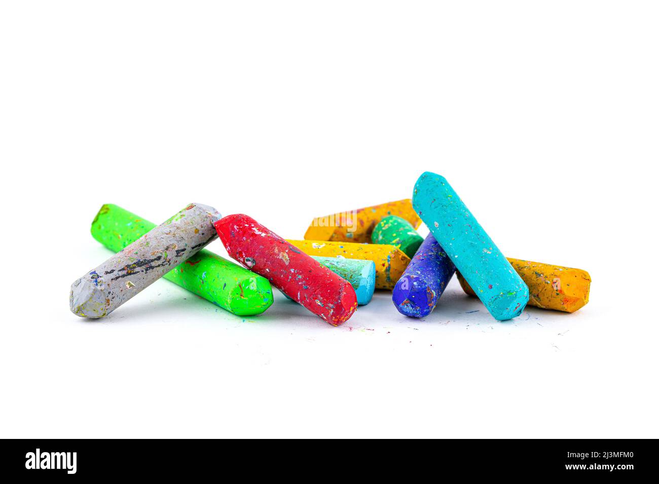 Close focus on used and dirty color crayon sticks isolated on white ...