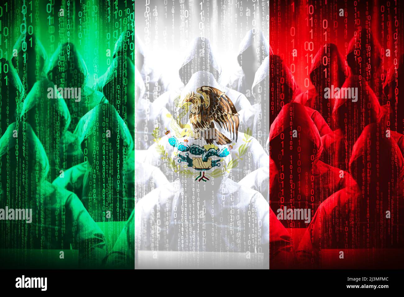 Anonymous hooded hackers, flag of Mexico, binary code - cyber attack ...