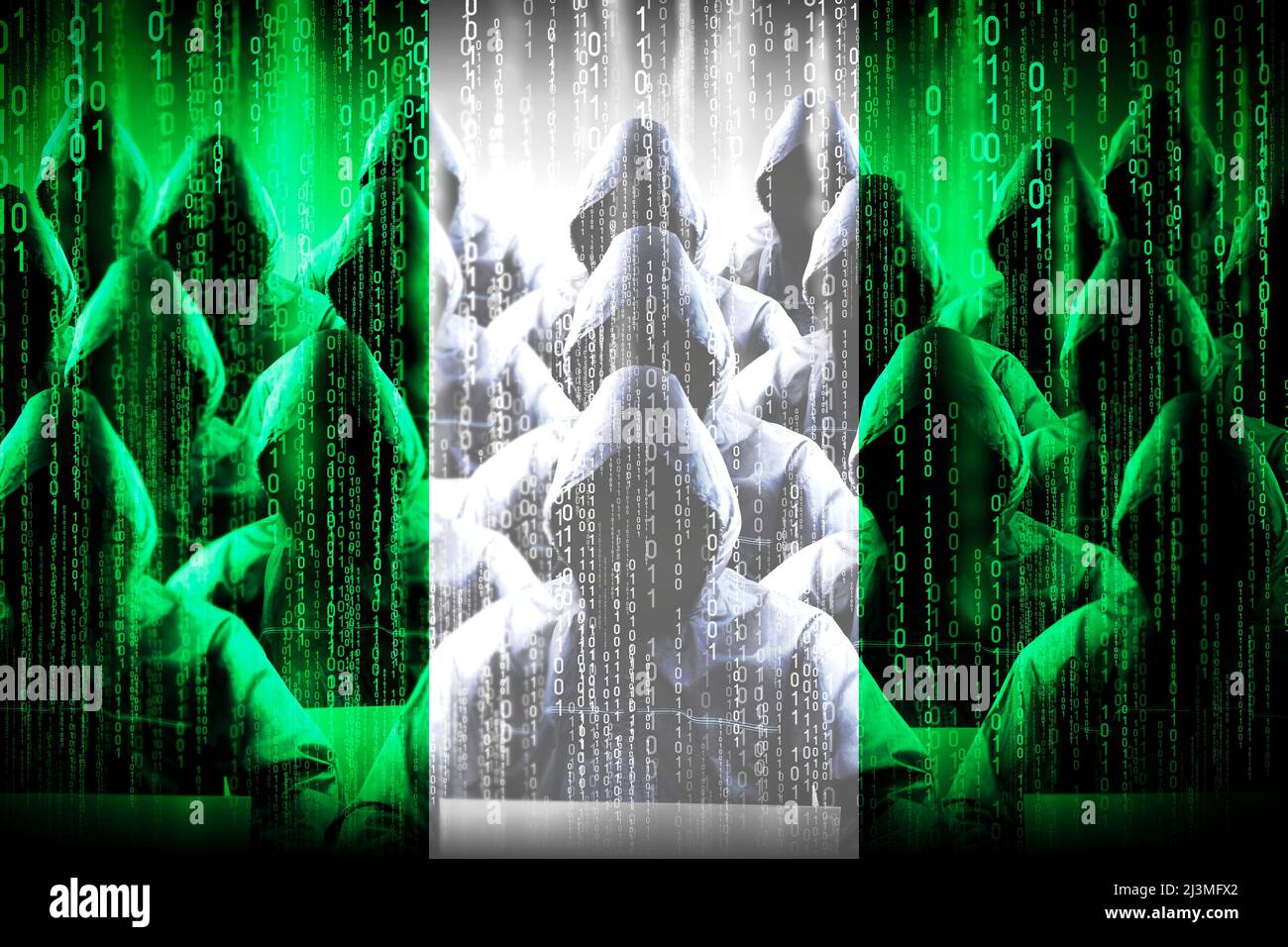 Anonymous hooded hackers, flag of Nigeria, binary code - cyber attack concept Stock Photo - Alamy