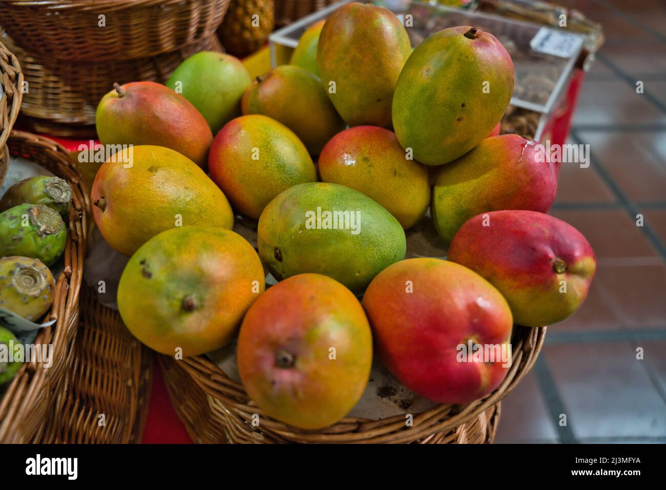 Variety of ripe, local, fresh mangoes, identified, on a wicker basket ...