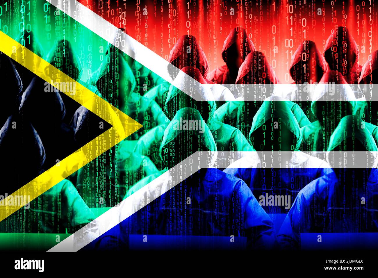 Anonymous hooded hackers, flag of South Africa, binary code - cyber attack concept Stock Photo ...