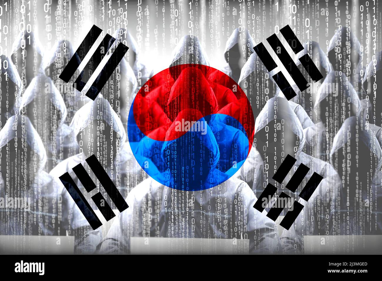 Anonymous hooded hackers, flag of South Korea, binary code - cyber ... Anonymous hooded hackers, flag of South Korea, binary code - cyber ...