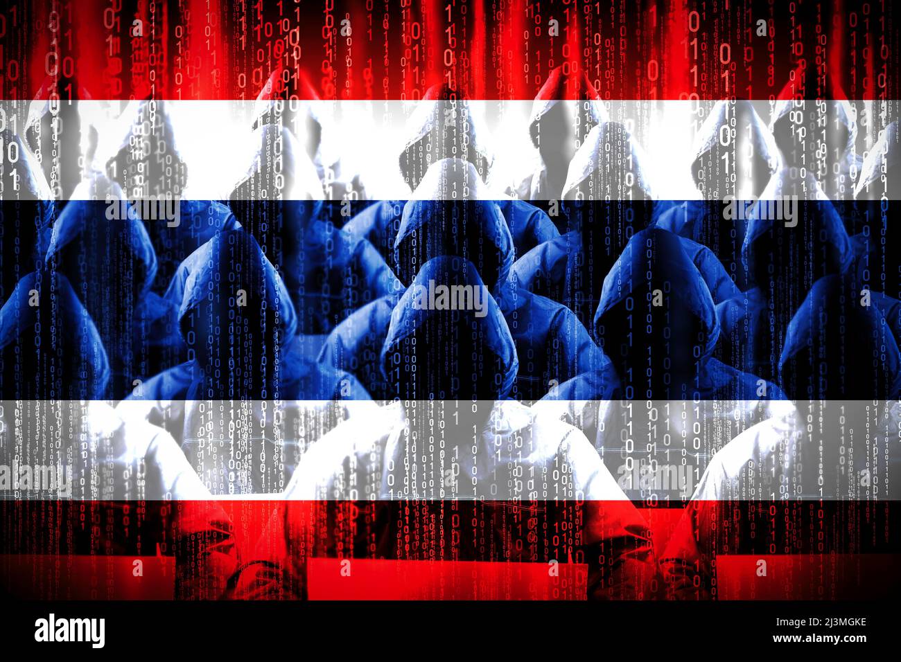 Anonymous hooded hackers, flag of Thailand, binary code - cyber attack ... Anonymous hooded hackers, flag of Thailand, binary code - cyber attack ...