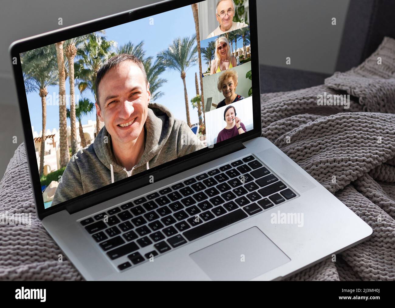 online conversation on laptop and virtual video conference meeting ...