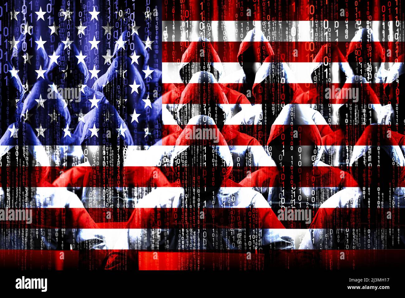 Anonymous hooded hackers, flag of United States of America, binary code ...
