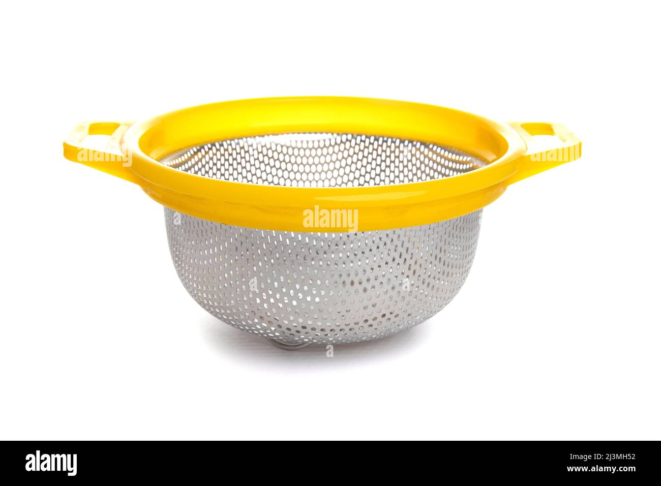 aluminum kitchen colander with plastic yellow handle isolated on white ...