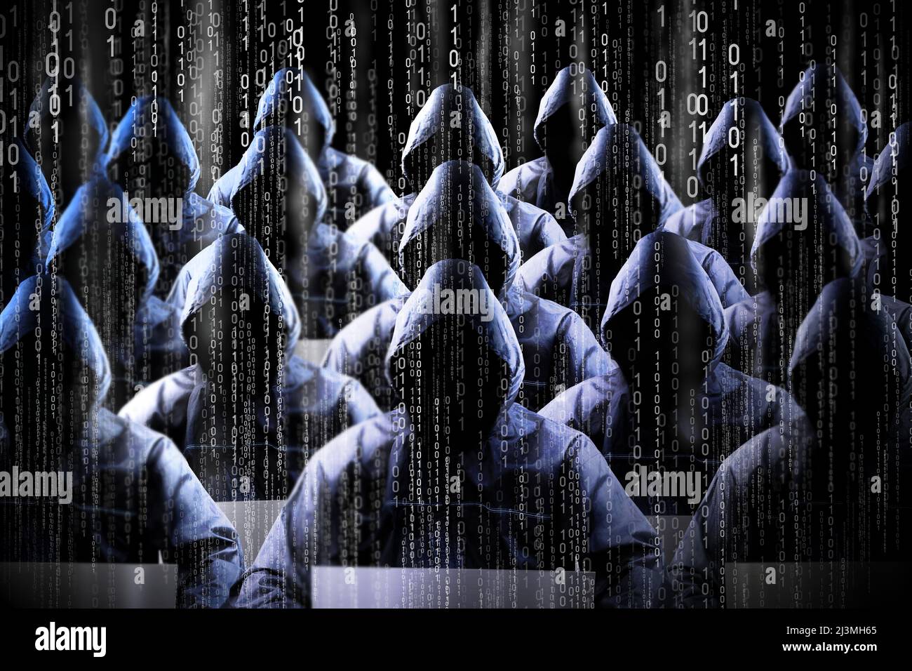 Anonymous hooded hackers, black background, binary code - cyber attack concept Stock Photo - Alamy